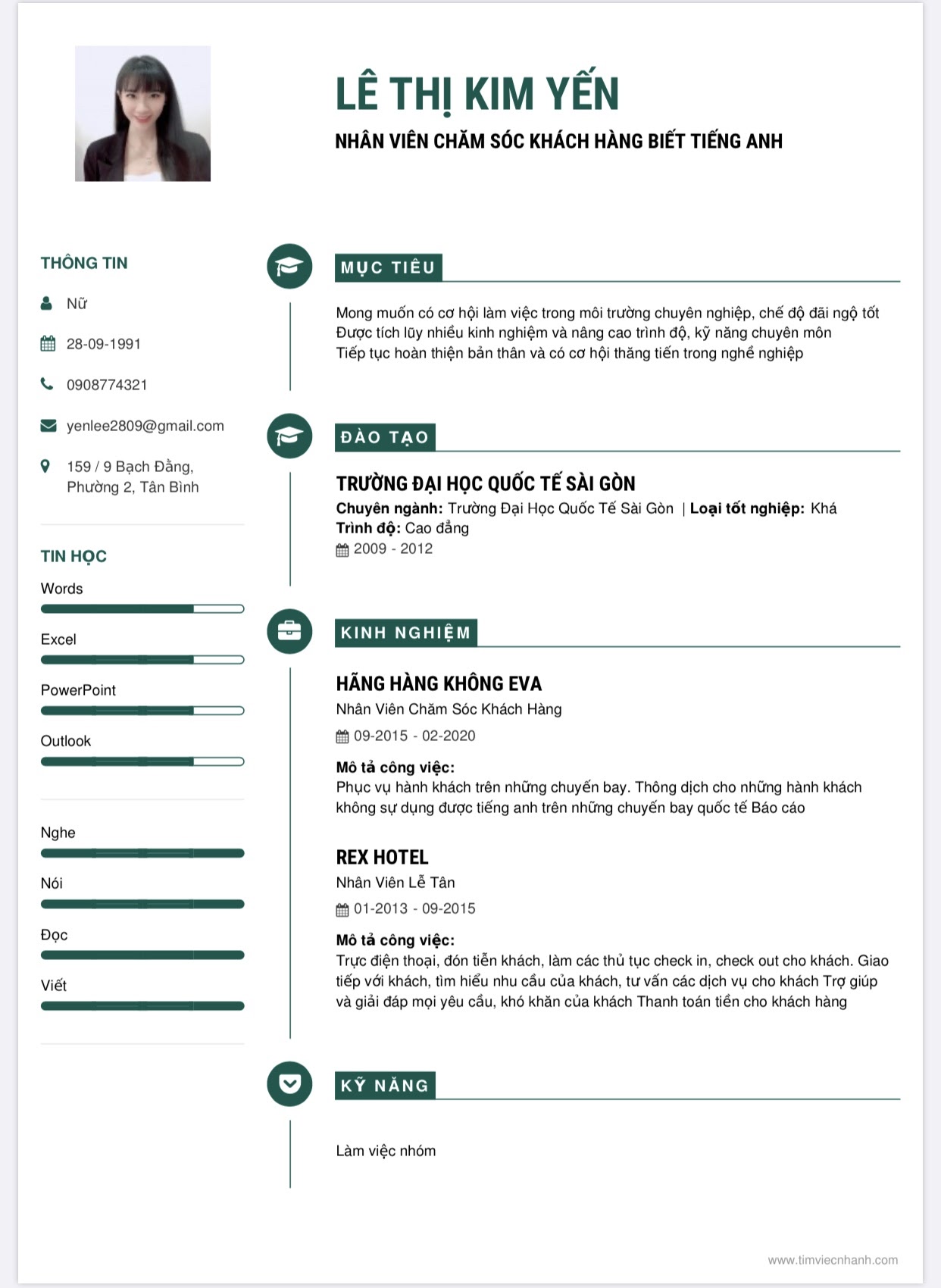 Hồ sơ online Le Thi Kim Yen: Nhân viên, Customer service - Hoteljob.vn