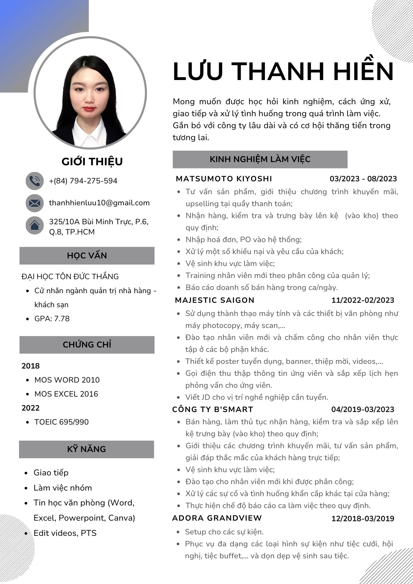 Hồ sơ online Lưu Thanh Hiền: Nhân viên, Nhân viên CSKH - Hoteljob.vn